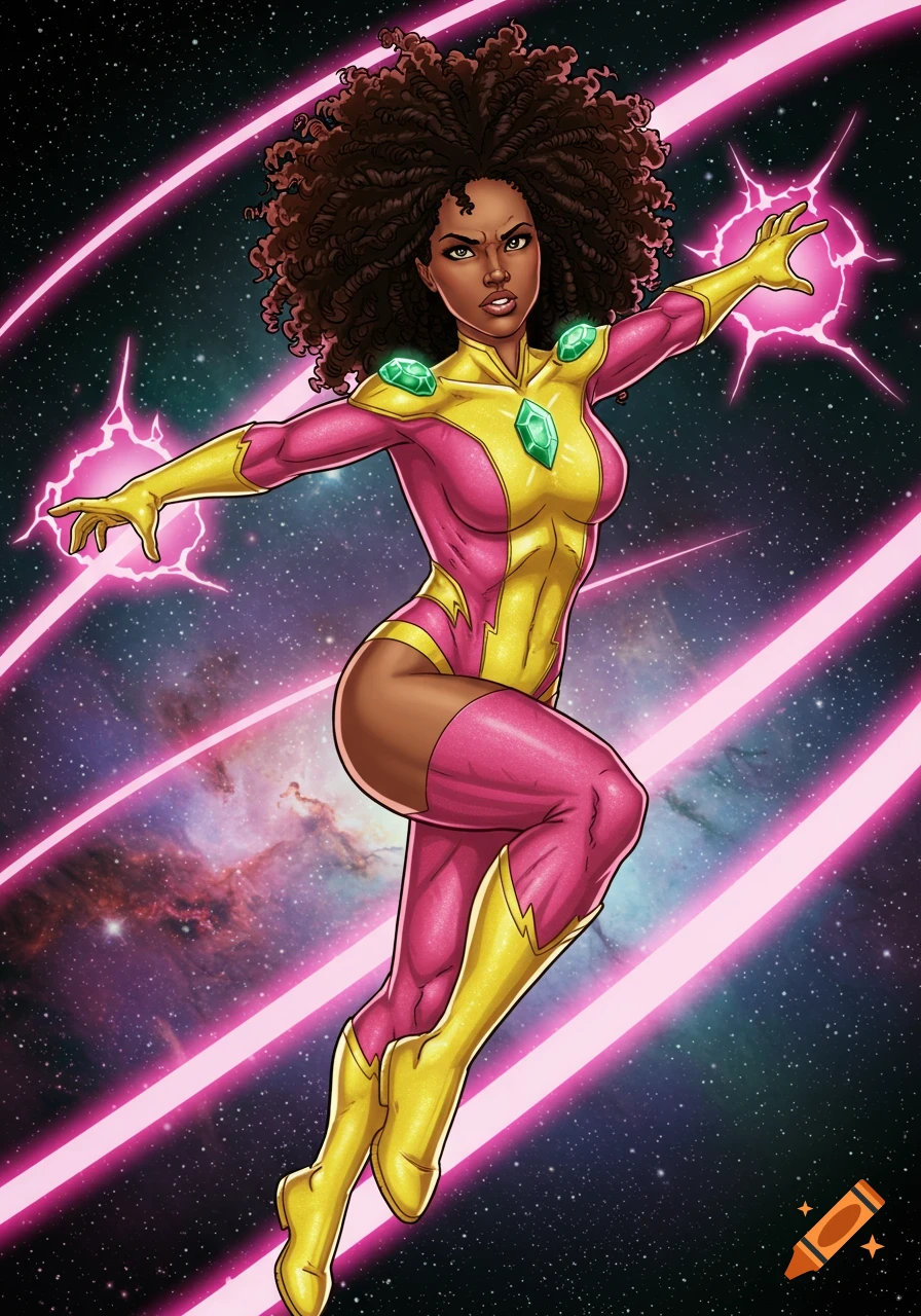 A Black woman superhero in a pink and yellow costume with glowing emeralds and powers in space ...