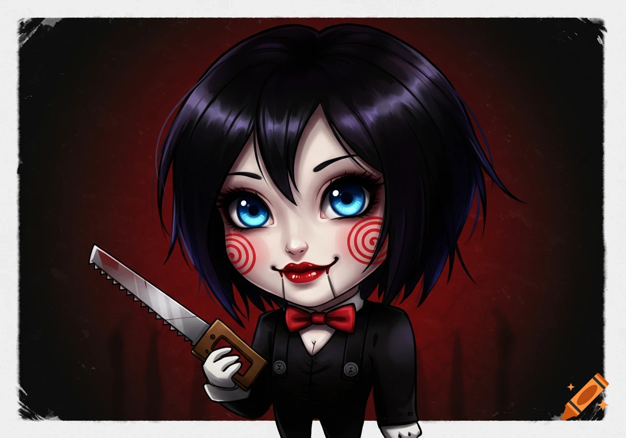 Anime style feminine version of Billy the Puppet holding a saw. on Craiyon