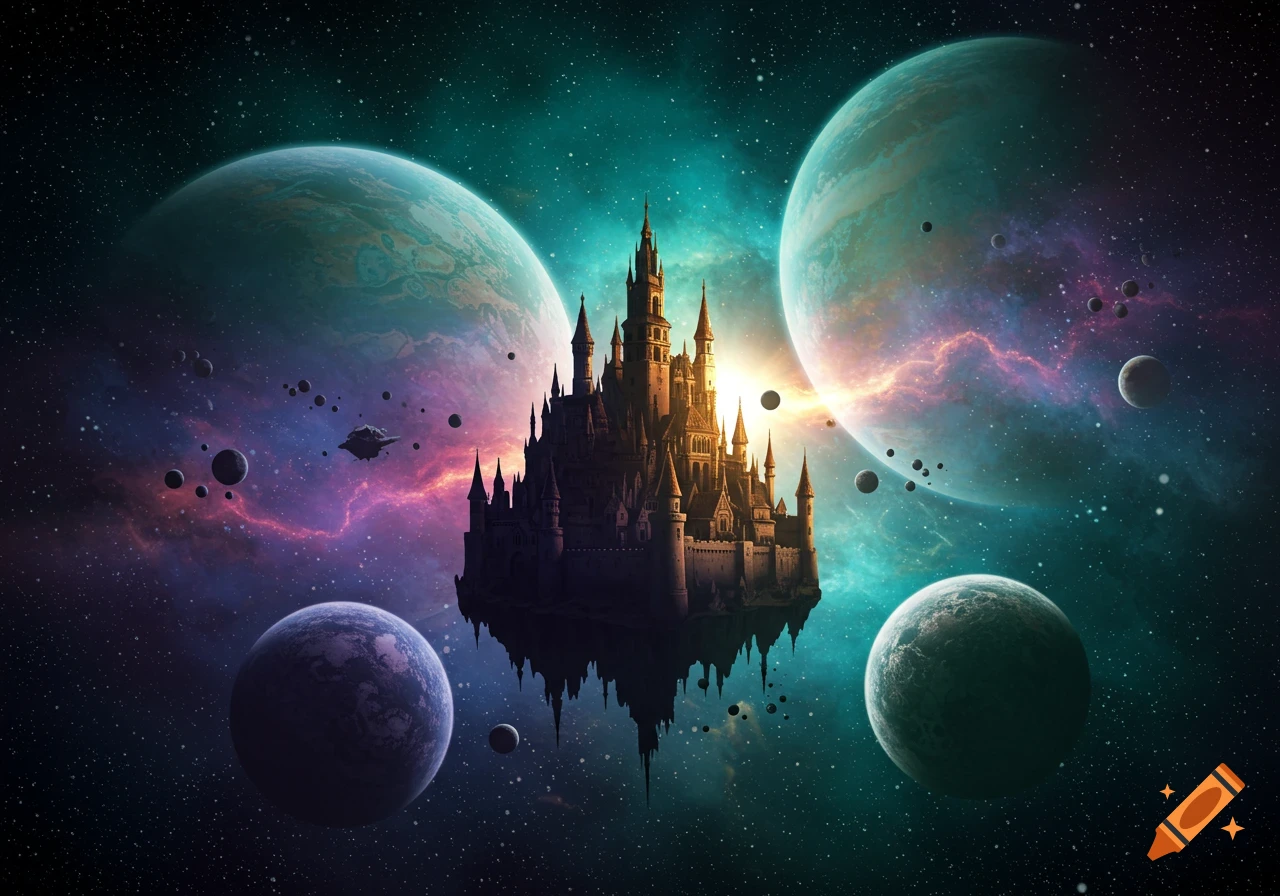 A fantasy castle floats in space among planets, moons, stars, and ...