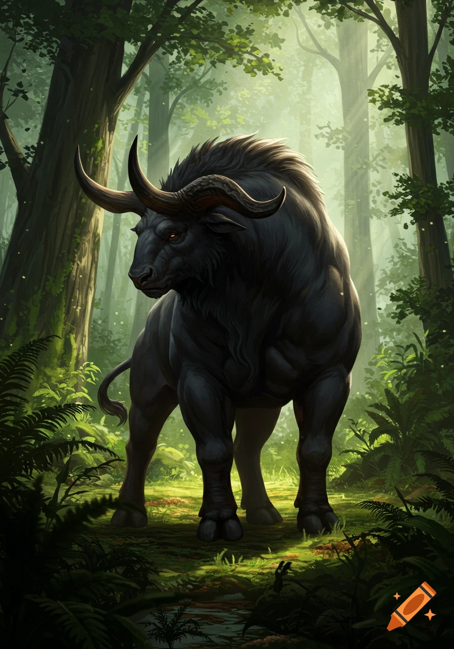 A large, dark bull-like fantasy creature stands in a sunlit forest. on ...