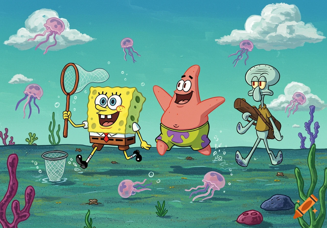 SpongeBob, Patrick, and Squidward jellyfishing underwater on Craiyon