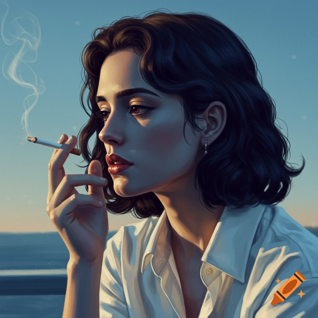 A young woman with dark wavy hair smokes a cigarette outdoors at sunset ...