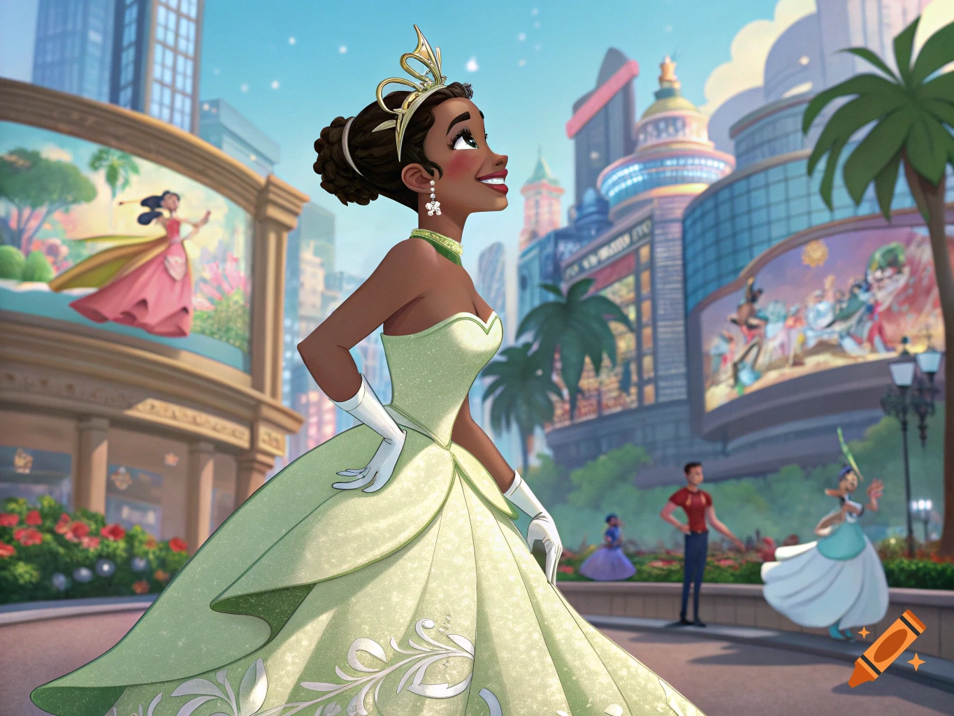 Princess Tiana in a green ballgown in a modern city with buildings and ...