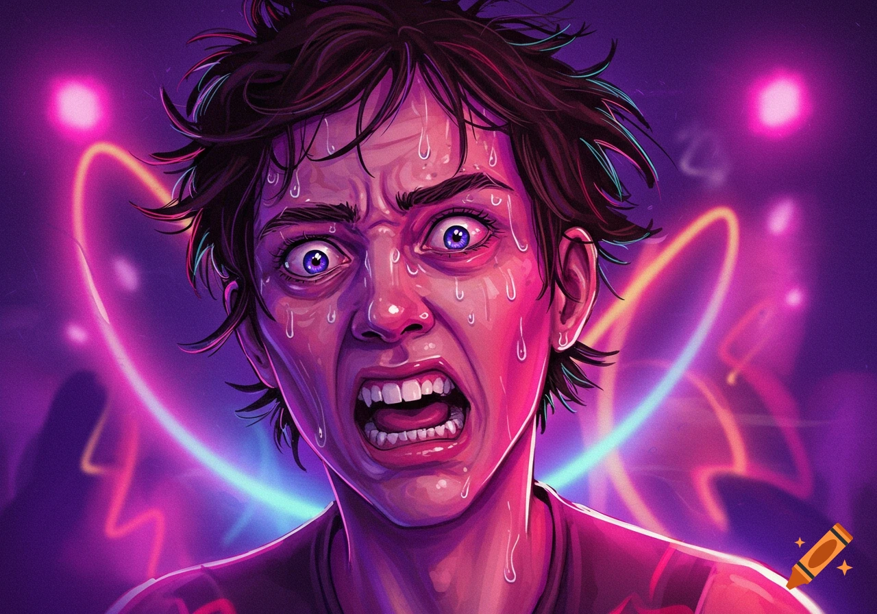 Close-up illustration of a sweating person's face with a distressed ...