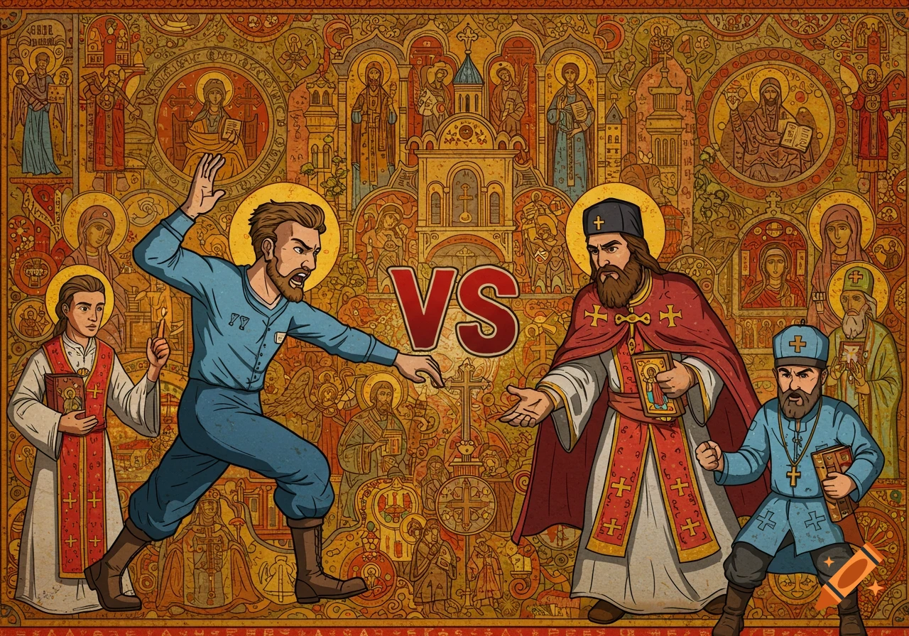 Stylized illustration of a man in blue squaring off against a man in ...