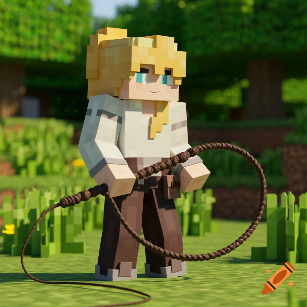 A Minecraft character, Alex, holds a whip while standing in a grassy forest. on Craiyon