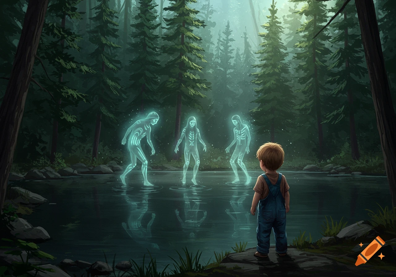 A boy watches glowing ghost-like figures of people standing in a forest ...