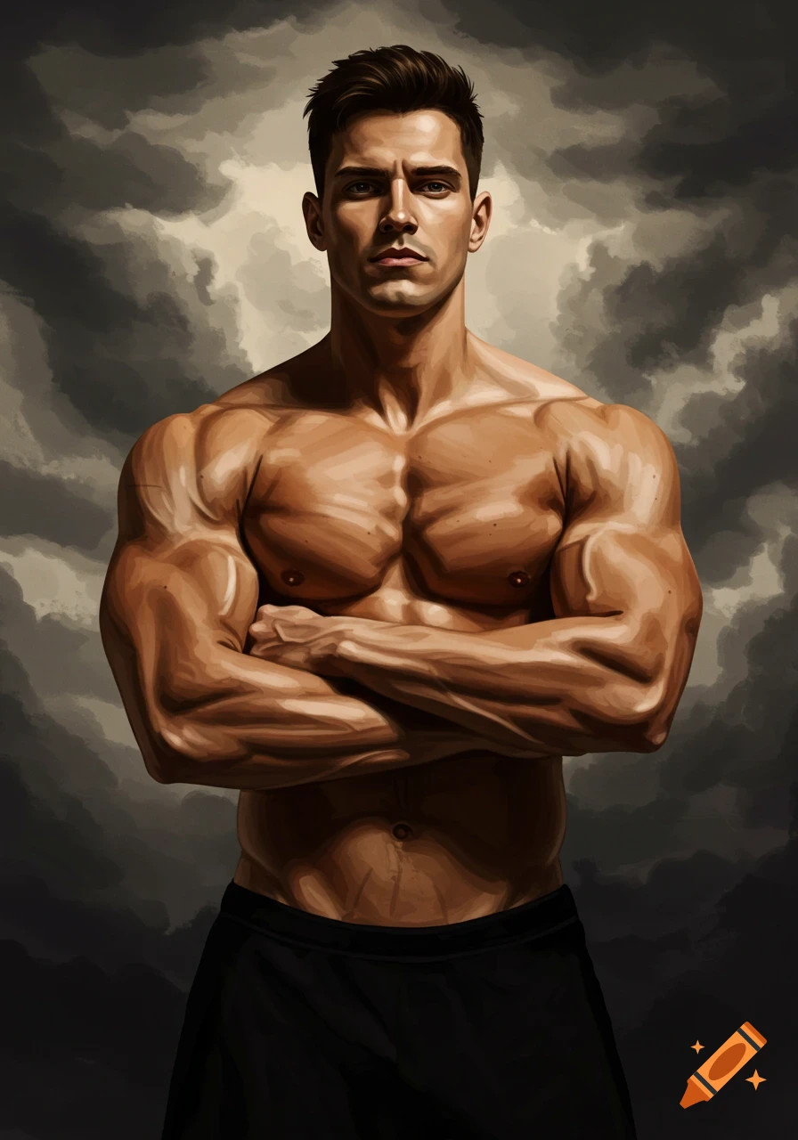 Muscular man with arms crossed against a dramatic sky, digital painting ...