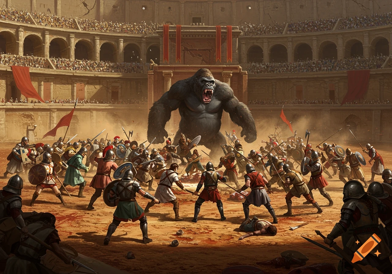 A large gorilla battles Roman gladiators in a packed coliseum arena on ...