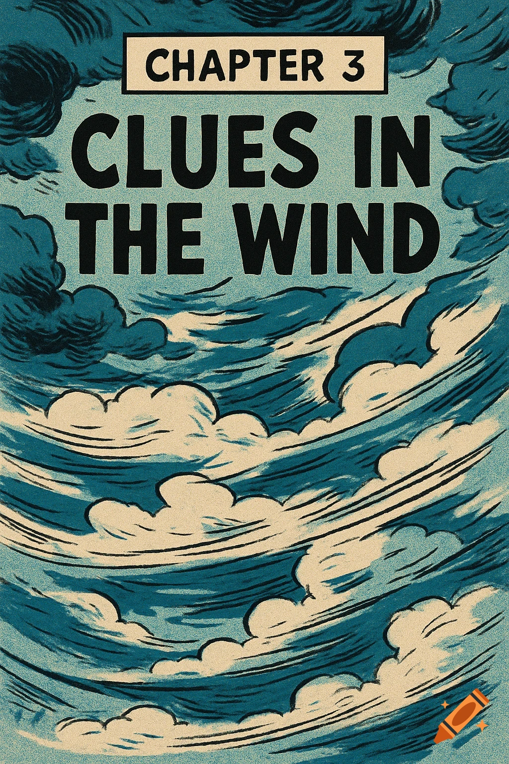 A comic-style illustration of a windy sky with swirling clouds and ...