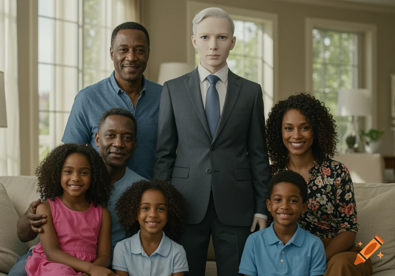 A family poses for a photo in a living room, with a humanoid android ...