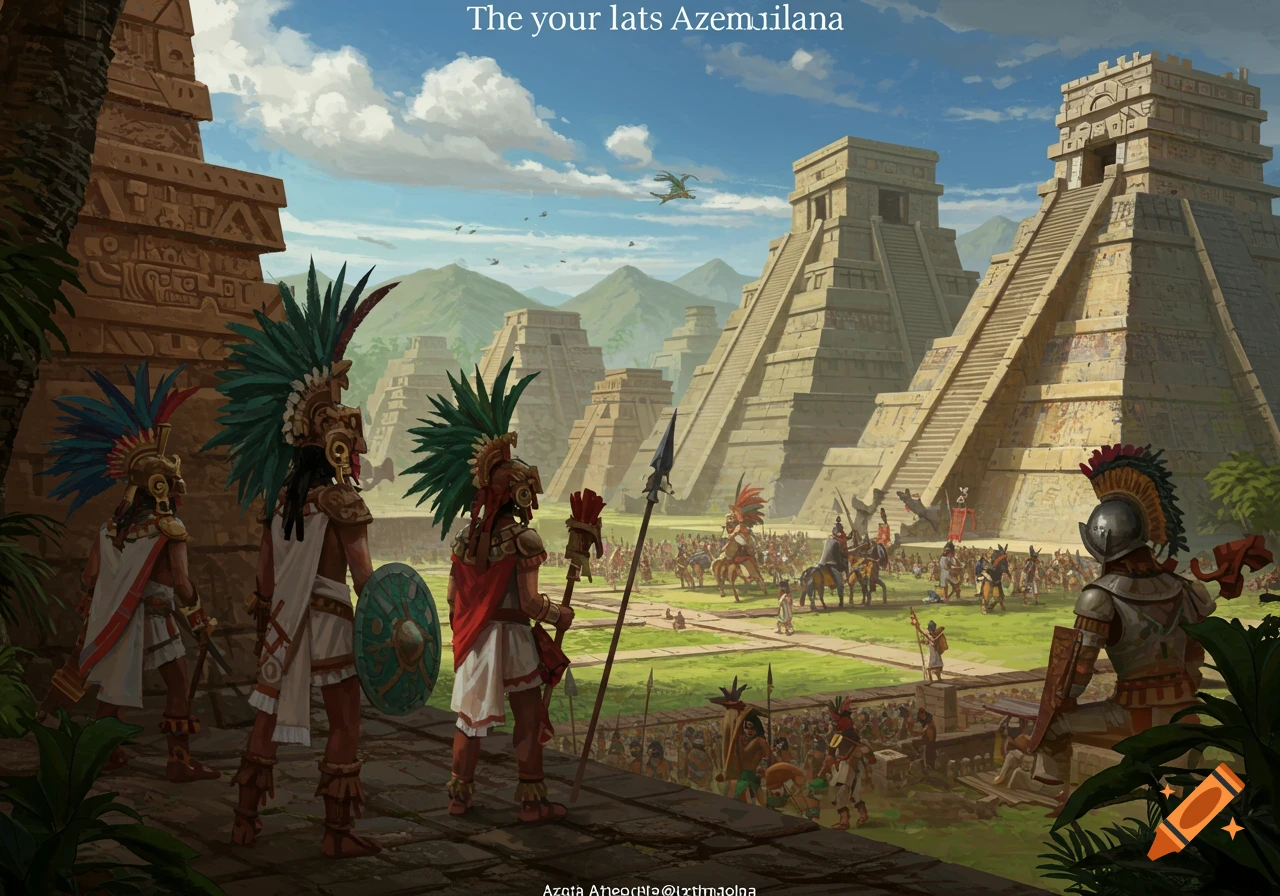 Aztec warriors and conquistadors face off at a pyramid complex, digital ...