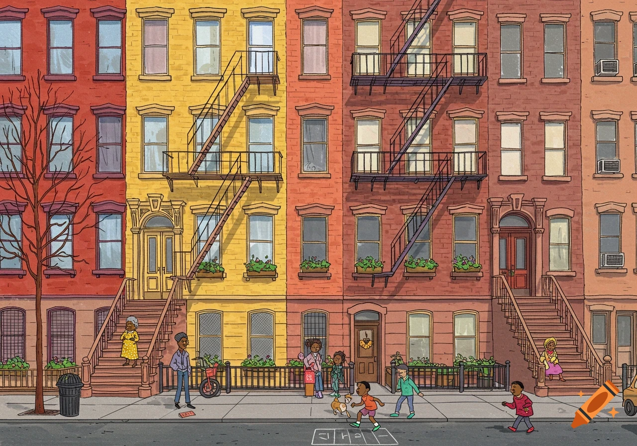 Cartoon illustration of colorful apartment buildings with fire escapes ...