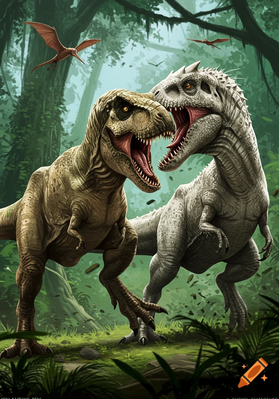 A T-Rex battles an Indominus Rex in a lush jungle. on Craiyon