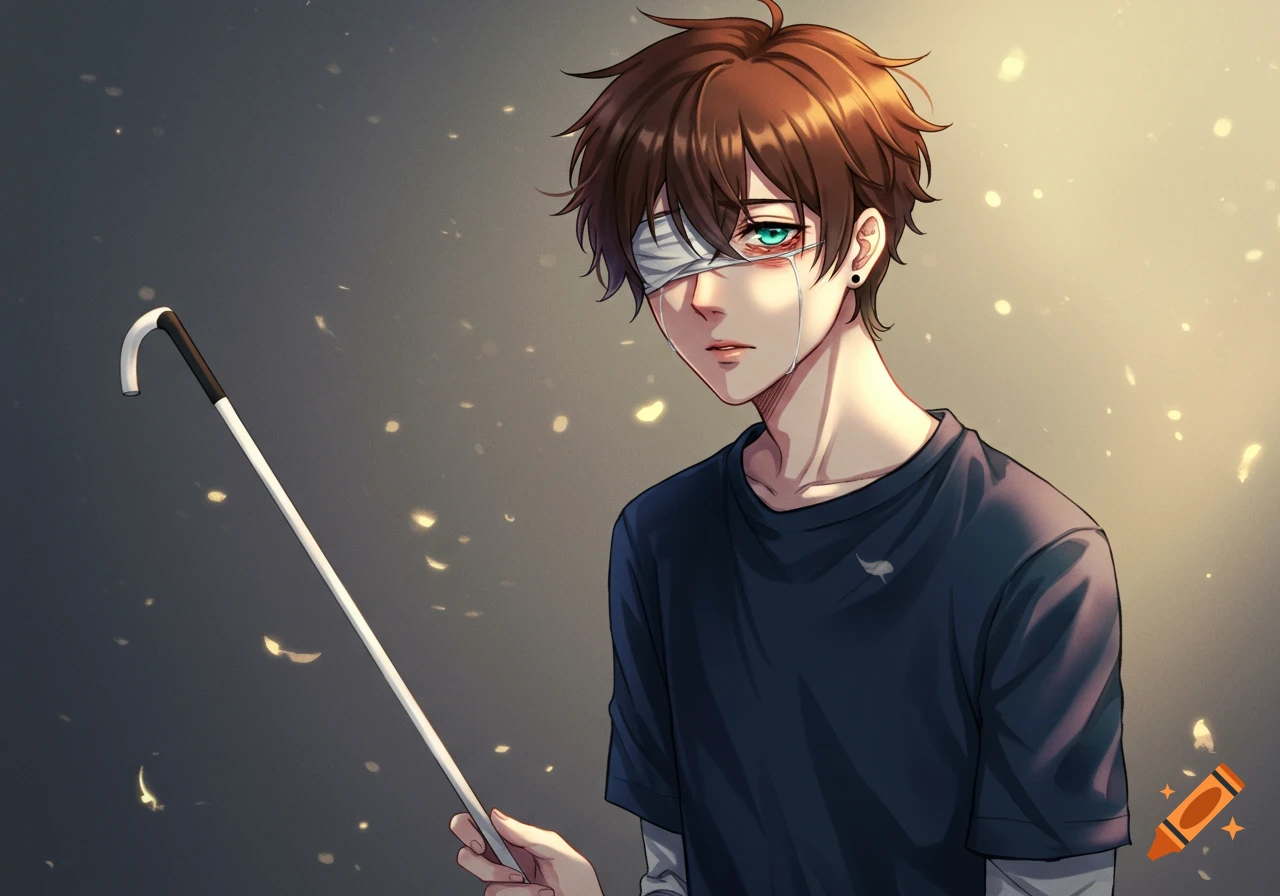 Anime portrait of a sad young man with an eye bandage holding a white ...