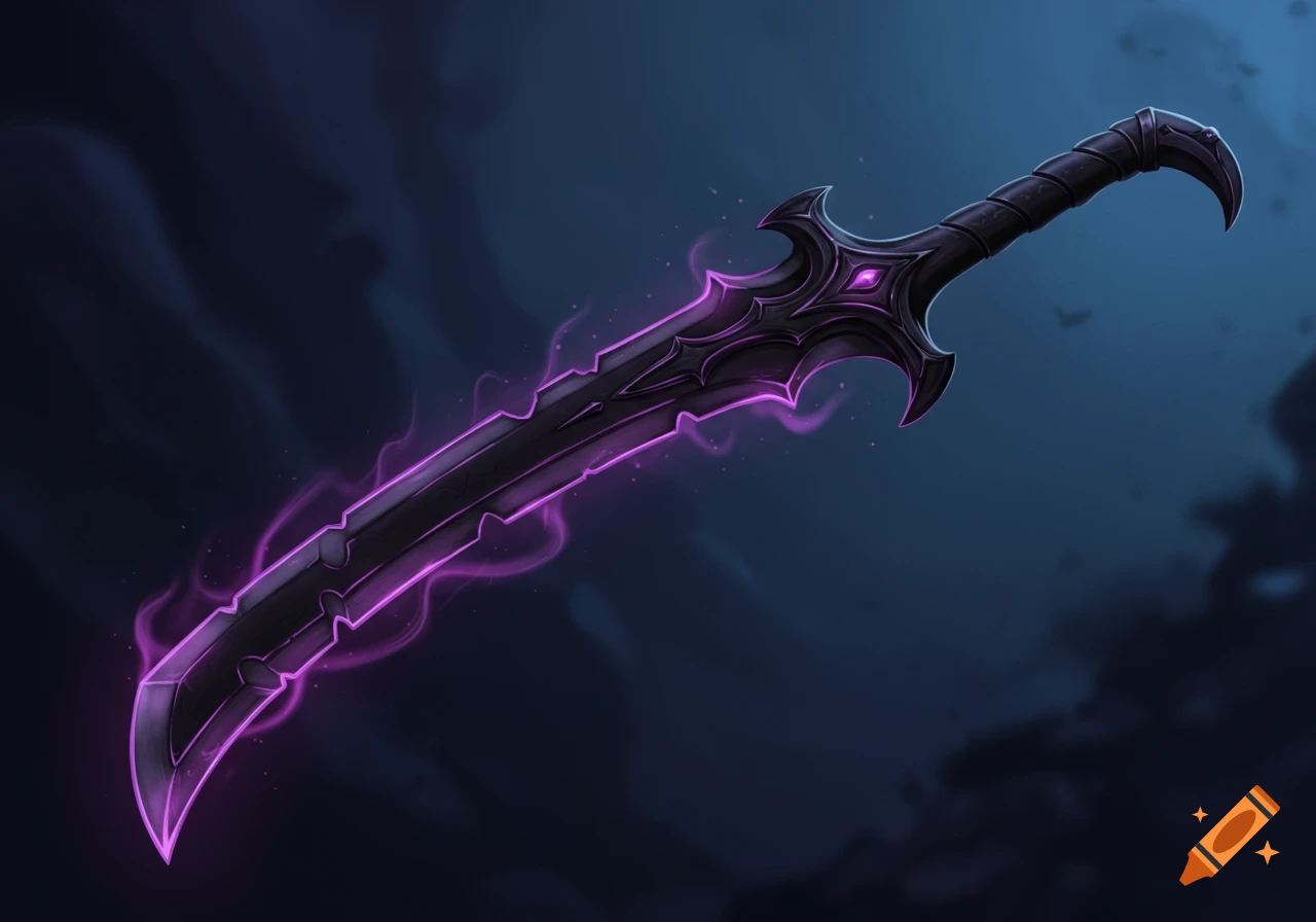 A black scimitar sword with a dark purple glow around its edge, in a ...