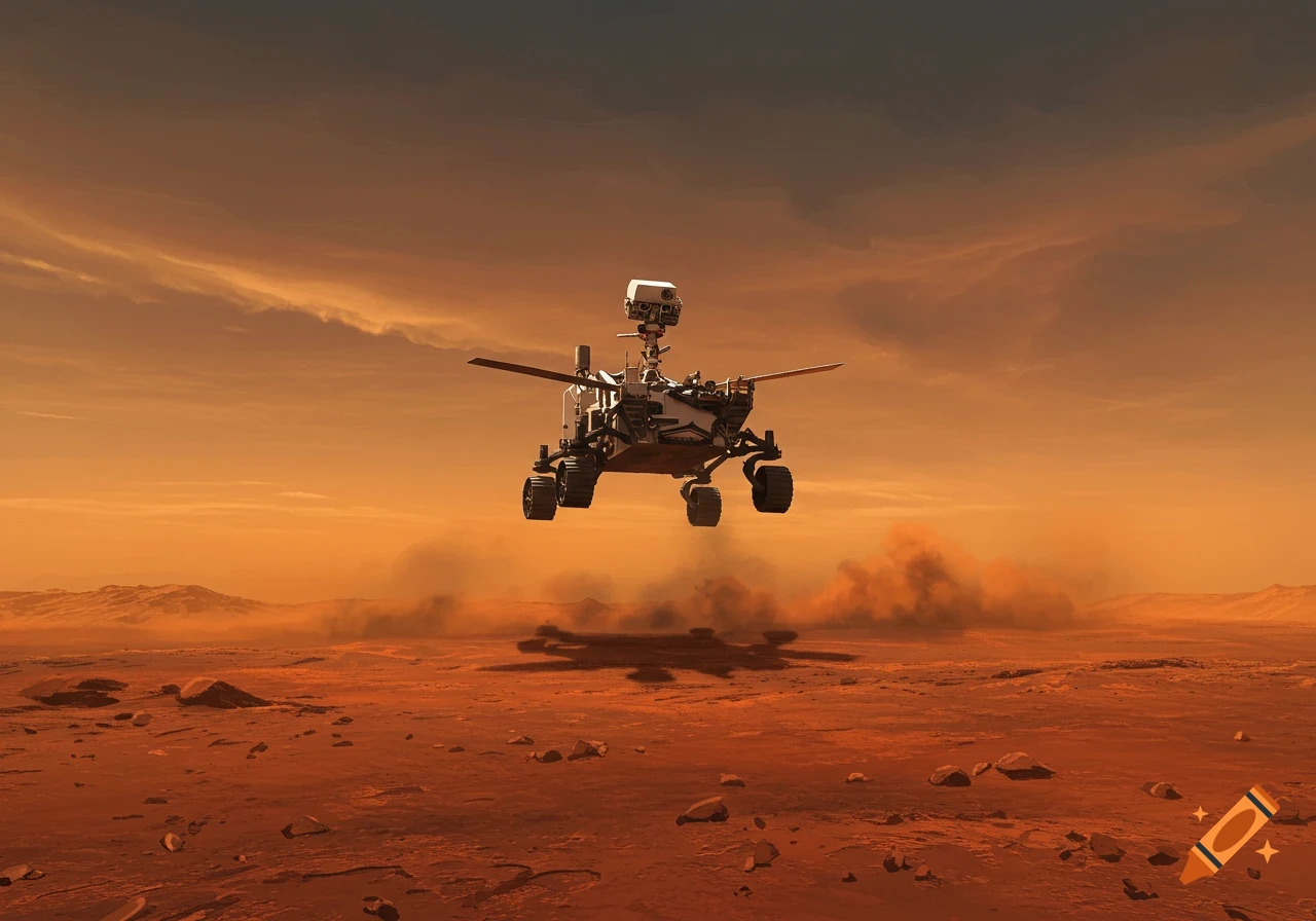 A Mars Rover floats above the red, rocky surface of Mars under an ...