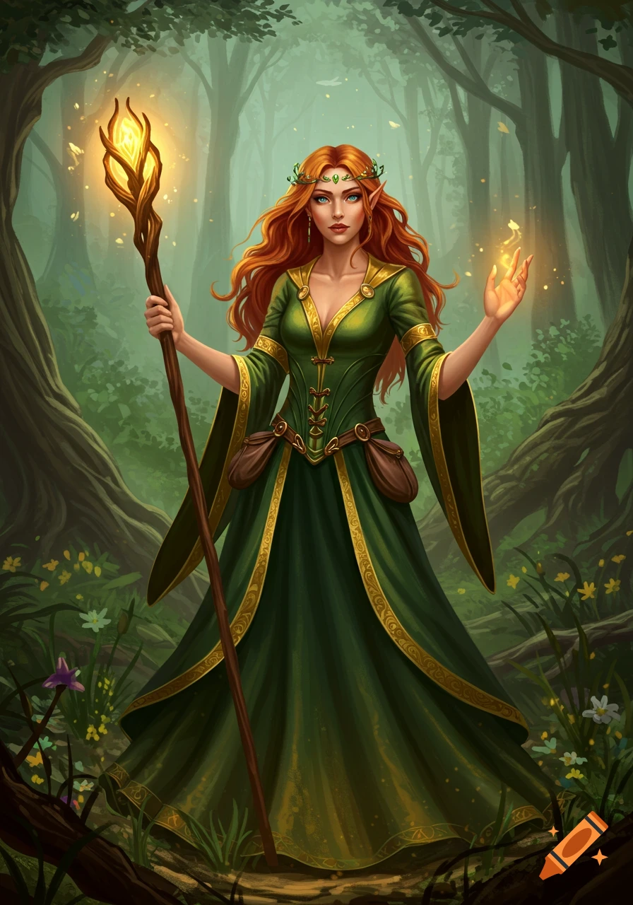A female elf in a green dress stands in a forest, holding a glowing ...