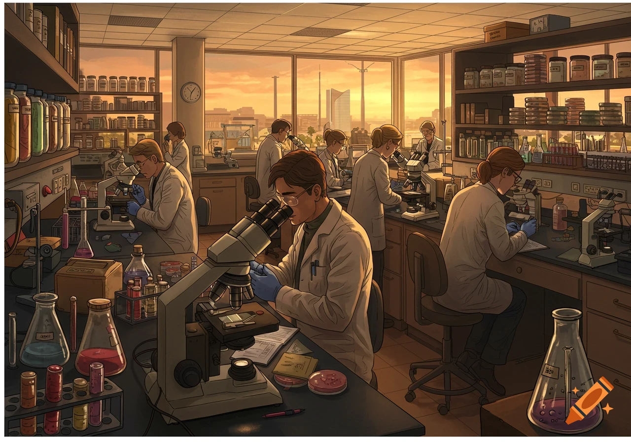 Scientists work with microscopes in a microbiology lab with city views ...