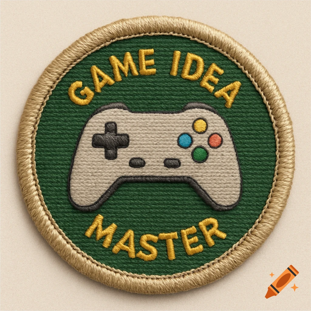 Embroidered scout badge featuring a game controller and the text GAME IDEA MASTER on Craiyon