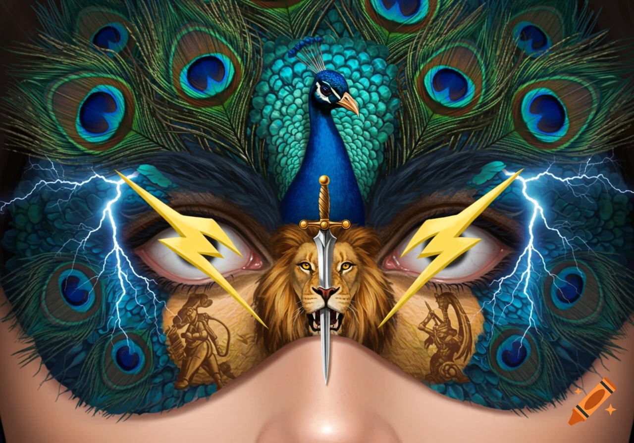 Detailed eye mask art with peacock feathers, lion head, sword, lightning, and symbolic figures ...