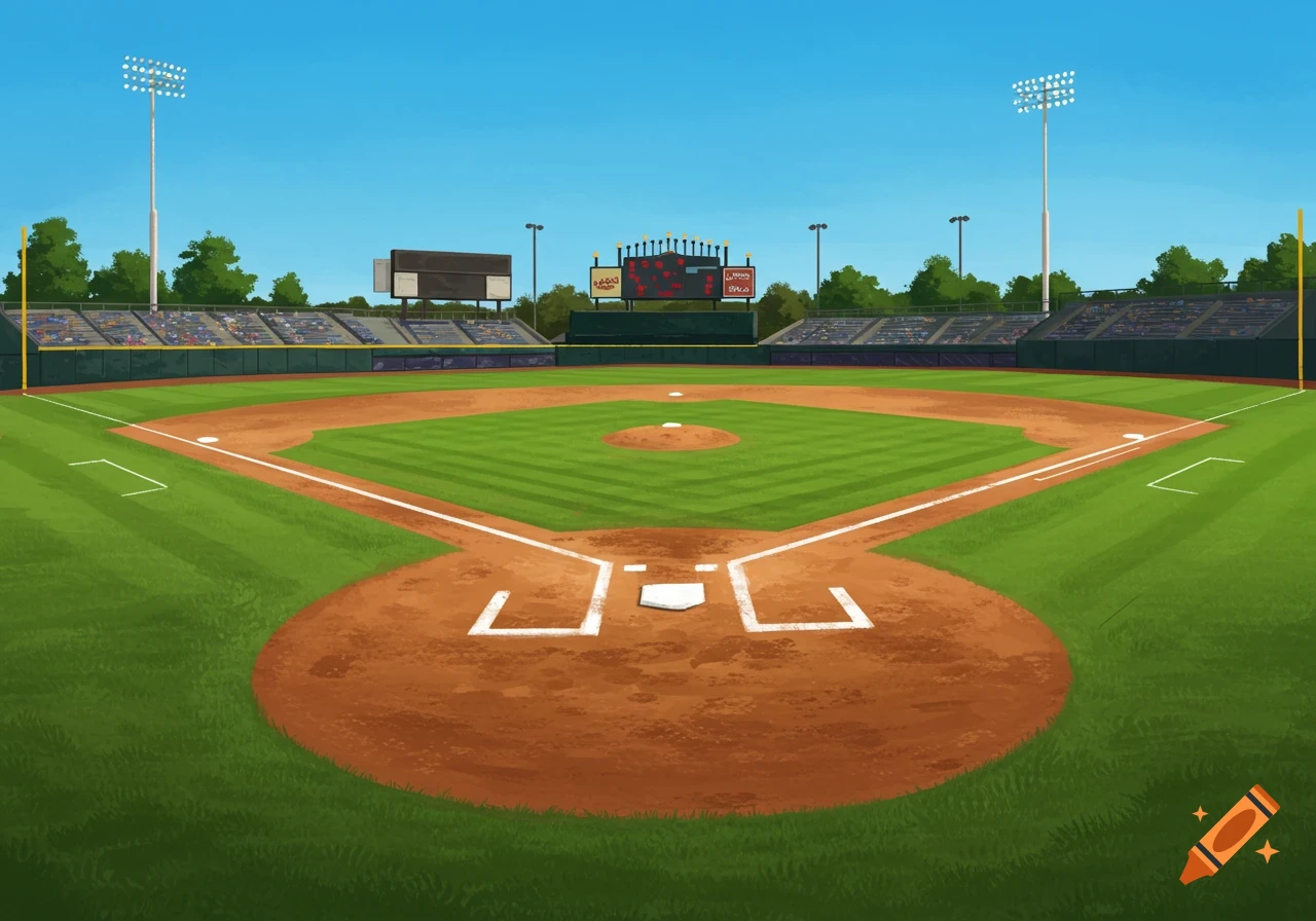 Illustration of an empty baseball field with dugouts, scoreboards, and ...
