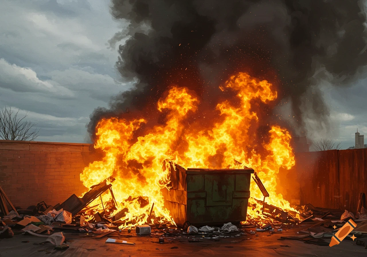 A large, realistic fire engulfs a green dumpster and trash, with black ...