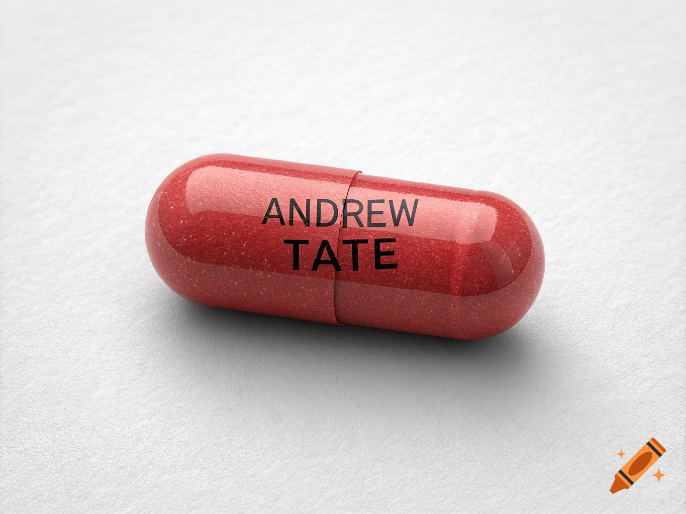 Close-up of a red capsule pill with the text ANDREW TATE printed on it ...