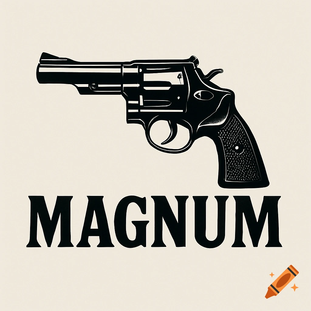 Black and white illustration logo of a magnum revolver above the word ...