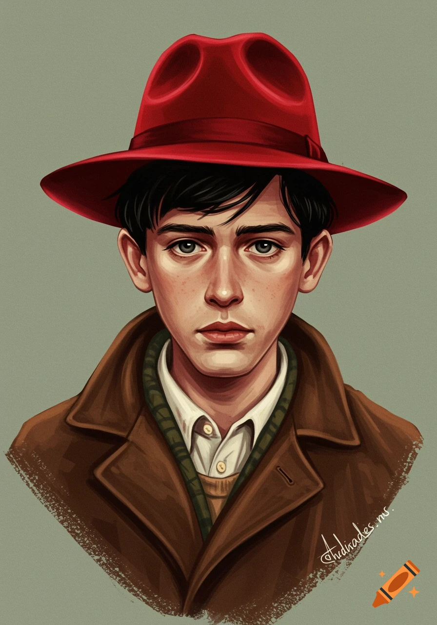 Close-up illustration of a young man in a red fedora and brown coat. on ...