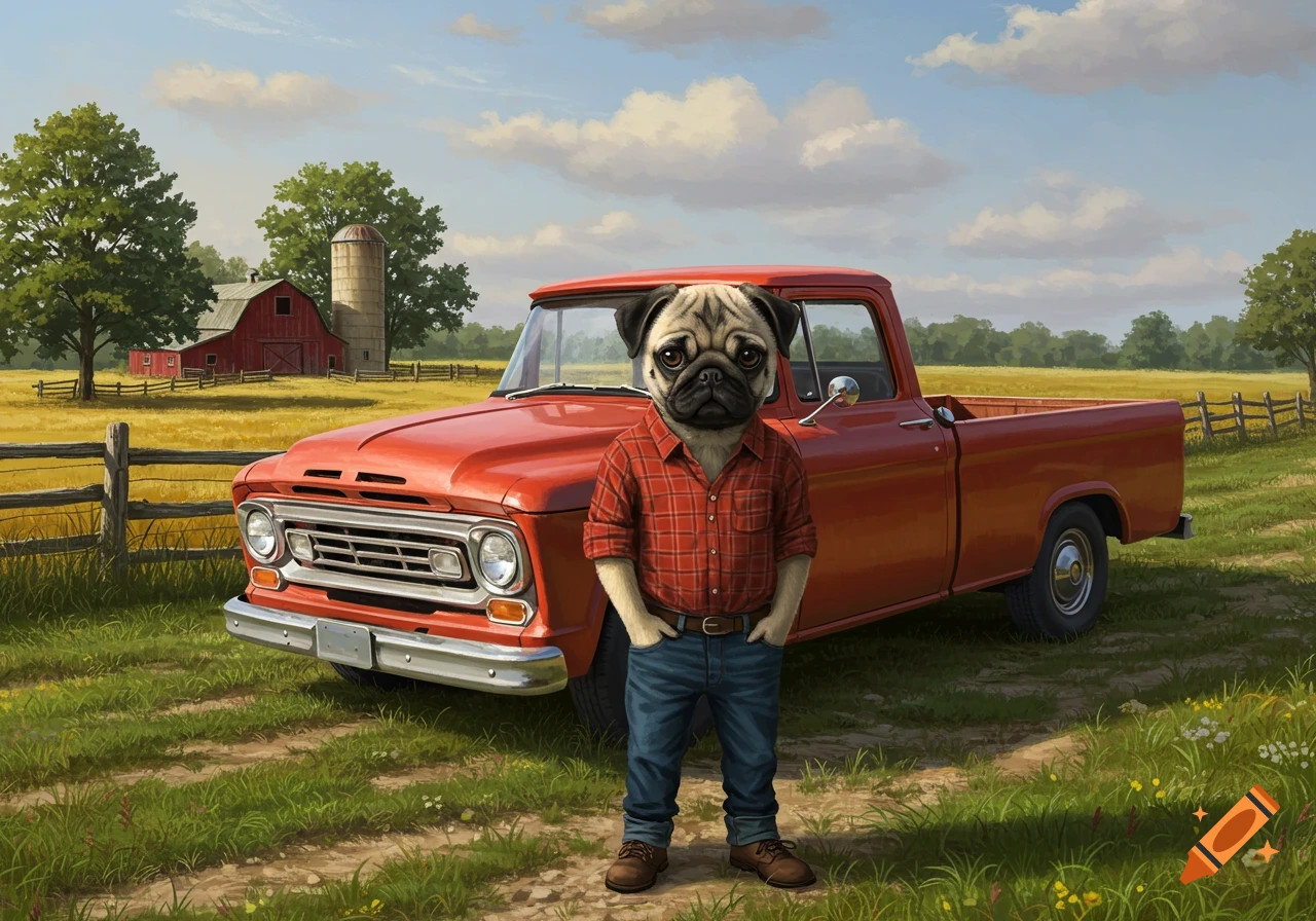 A pug puppy wearing a plaid shirt and jeans stands in front of a red ...