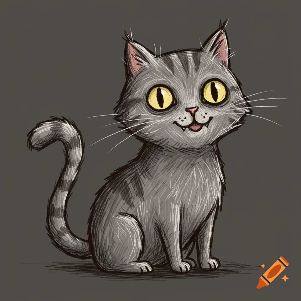 Sketchy drawing of a grey tabby cat with large yellow eyes. on Craiyon
