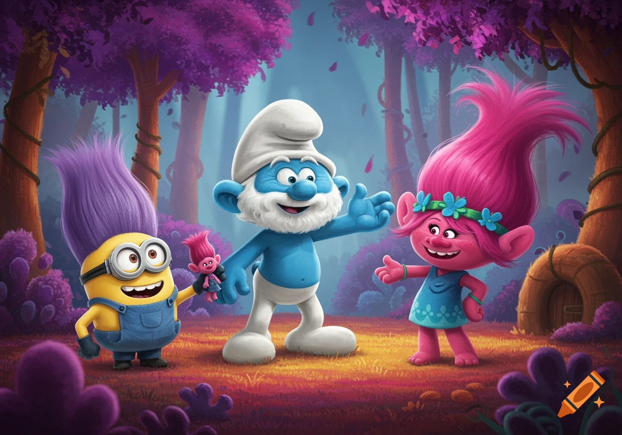 Cartoon crossover of Papa Smurf, a Minion with purple hair holding a ...