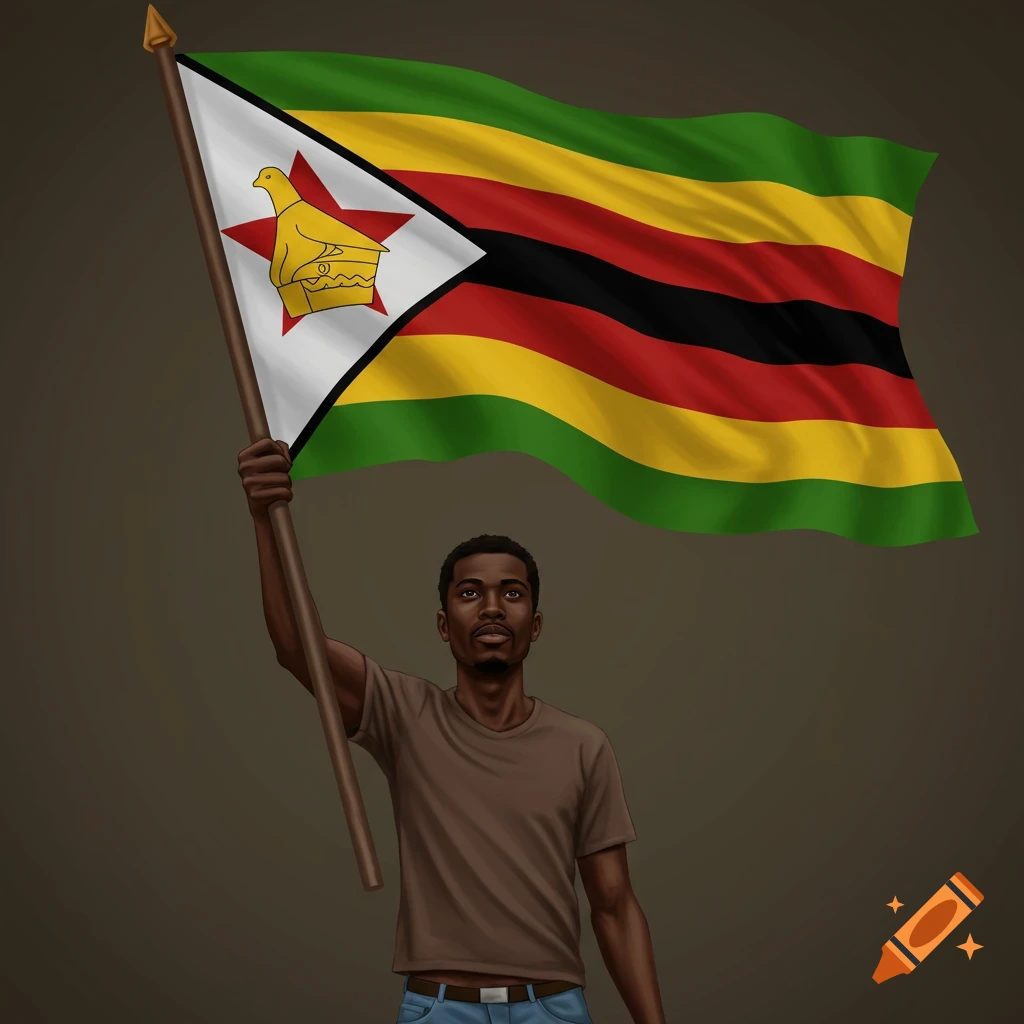 Illustration of a man holding a Zimbabwean flag aloft. on Craiyon