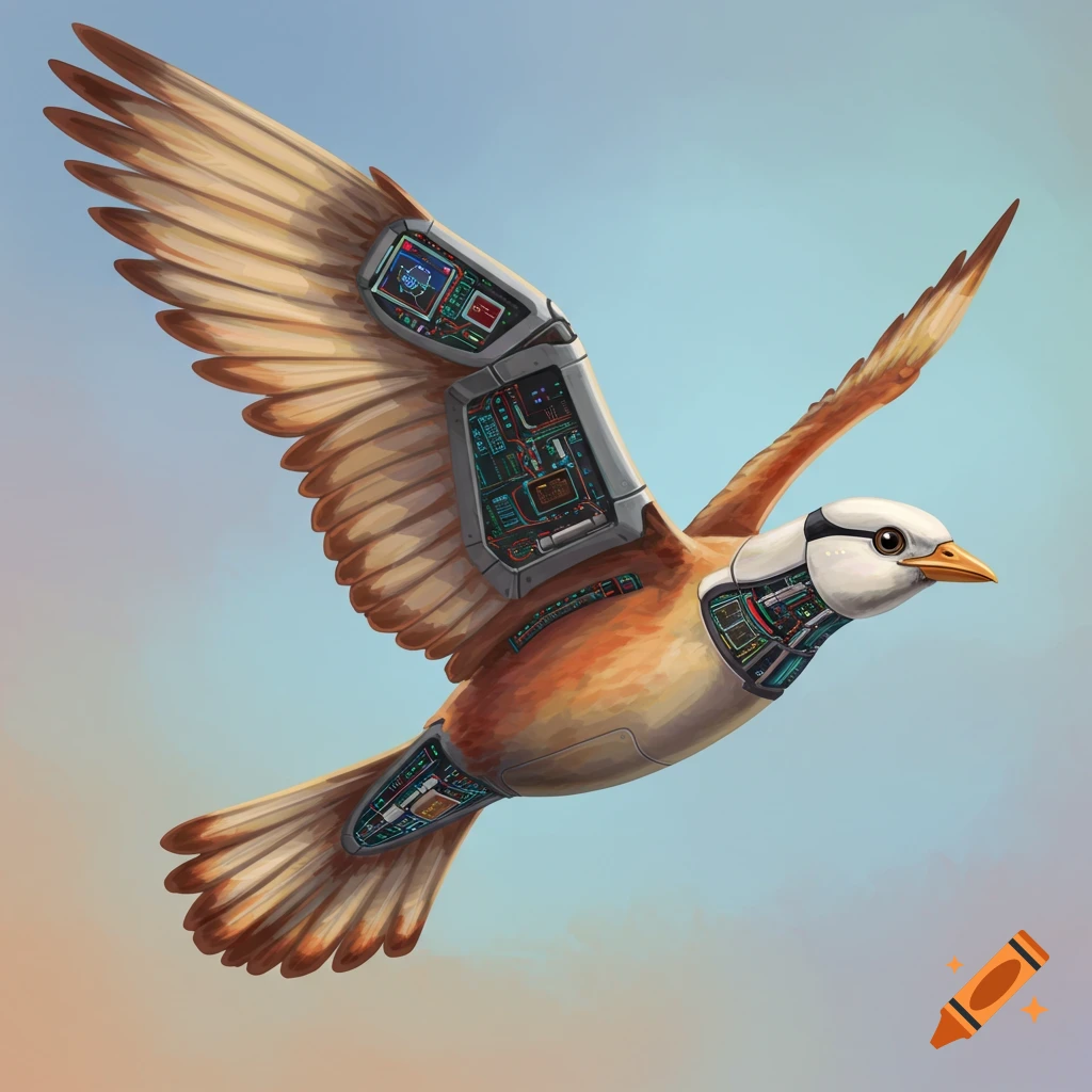A cyborg bird with mechanical parts integrated into its wings and body ...