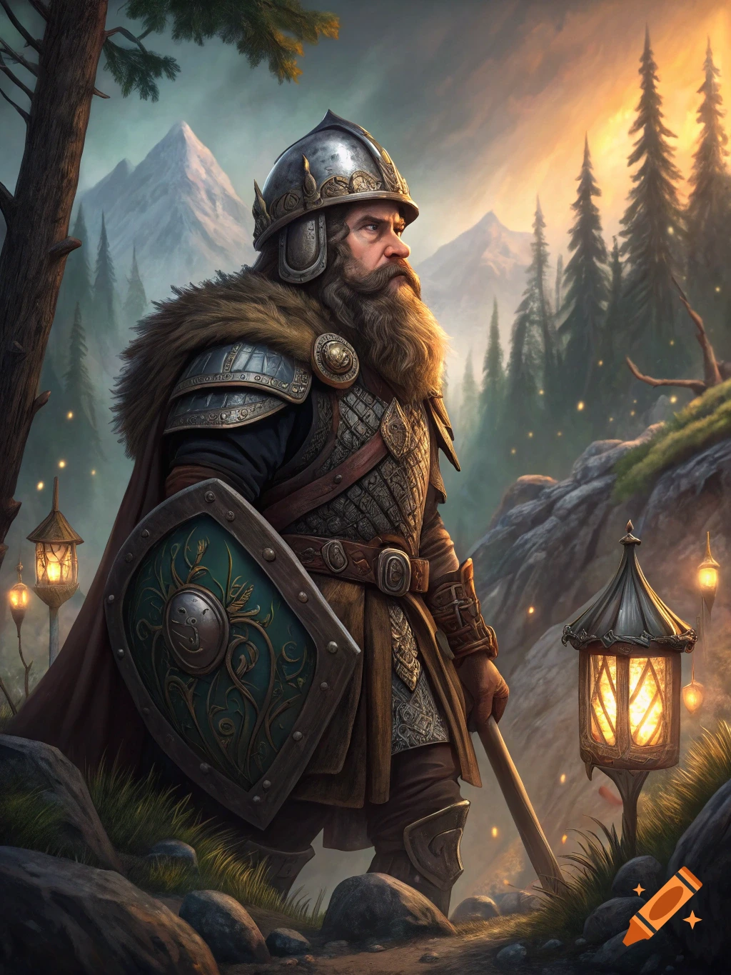 A dwarf warrior in armor with a shield stands on a forest path. on Craiyon