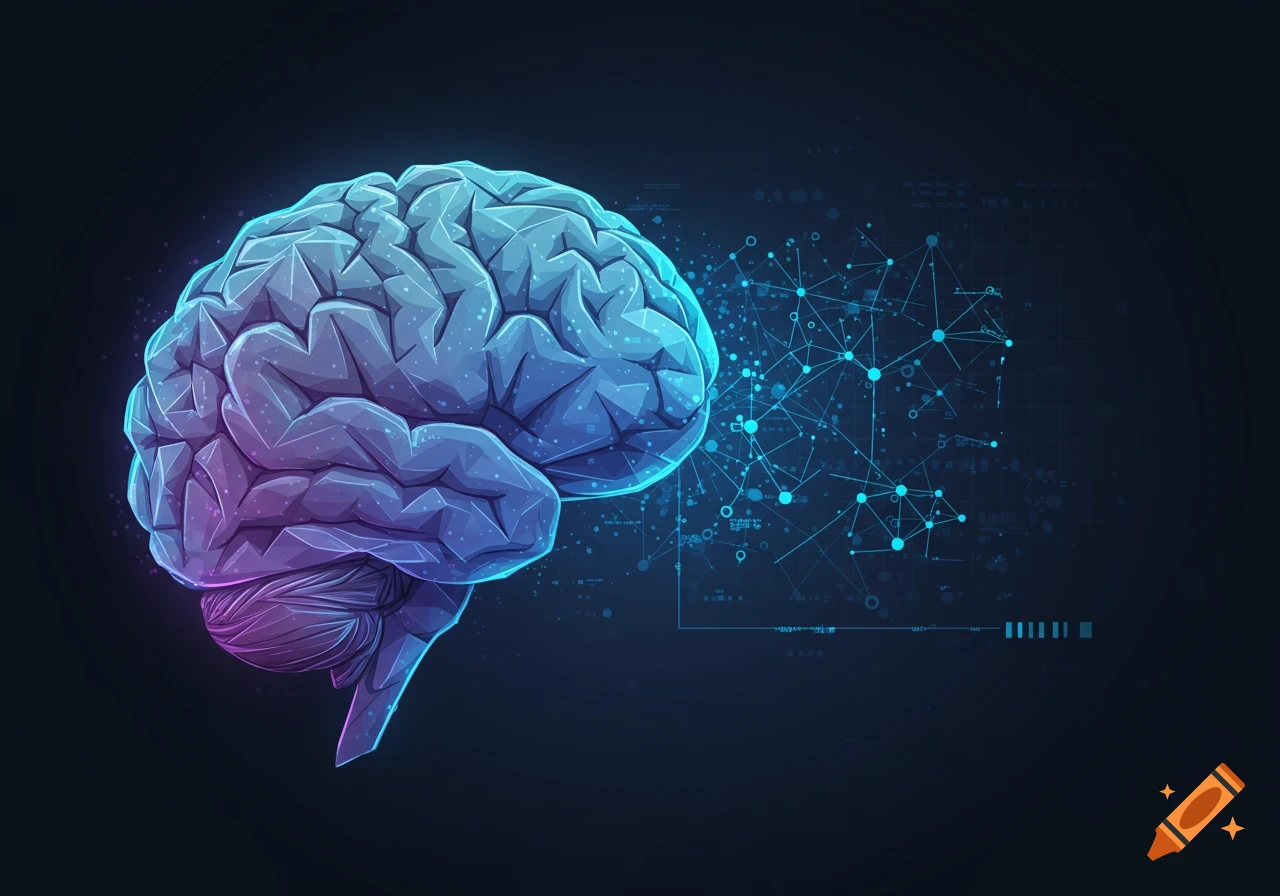 Stylized illustration of a human brain connected to a digital network. on Craiyon