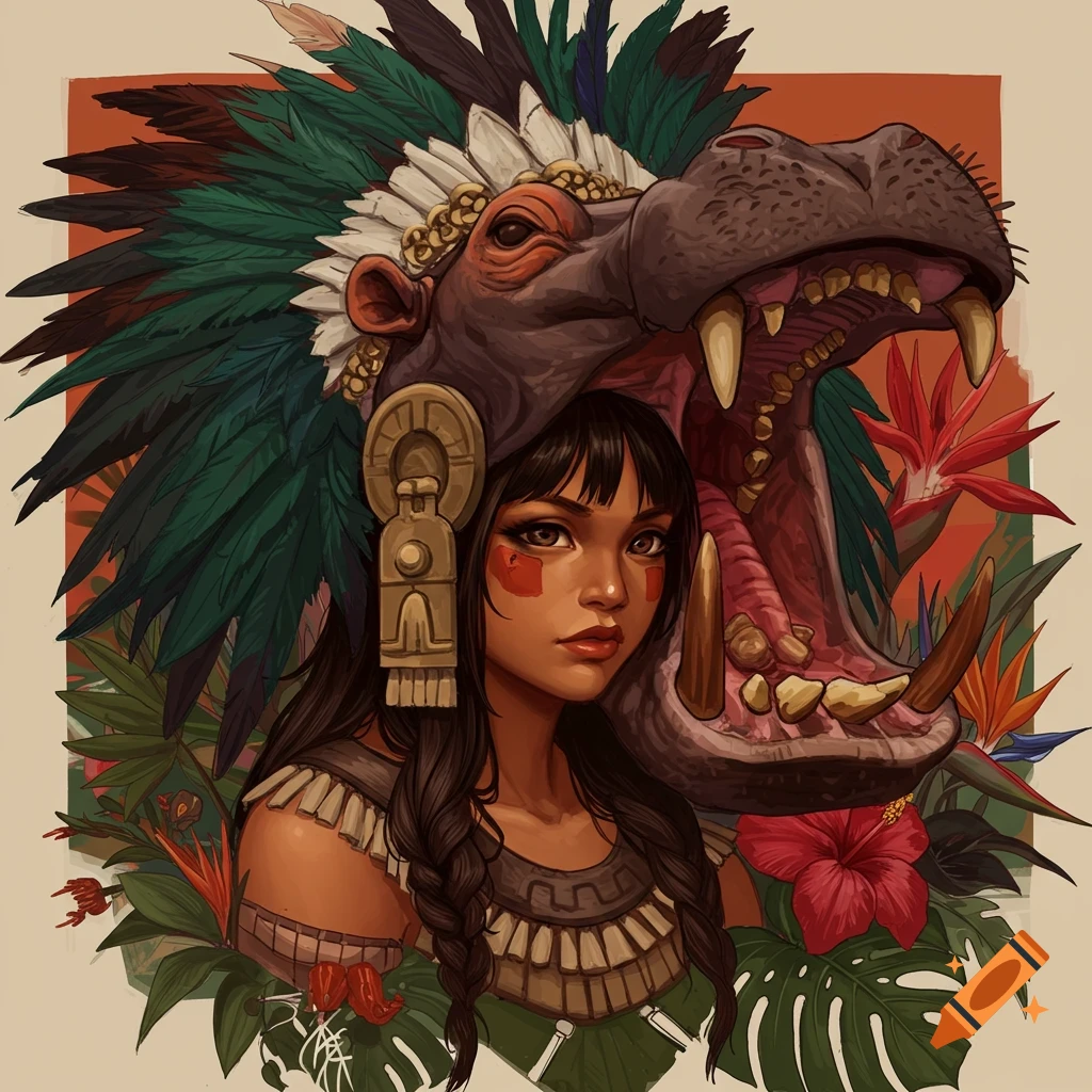 Illustration of an Aztec girl wearing a large headdress with feathers ...