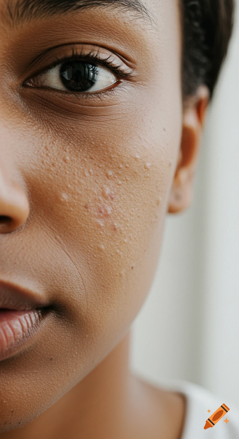 Close-up portrait of a face with acne and pores. on Craiyon