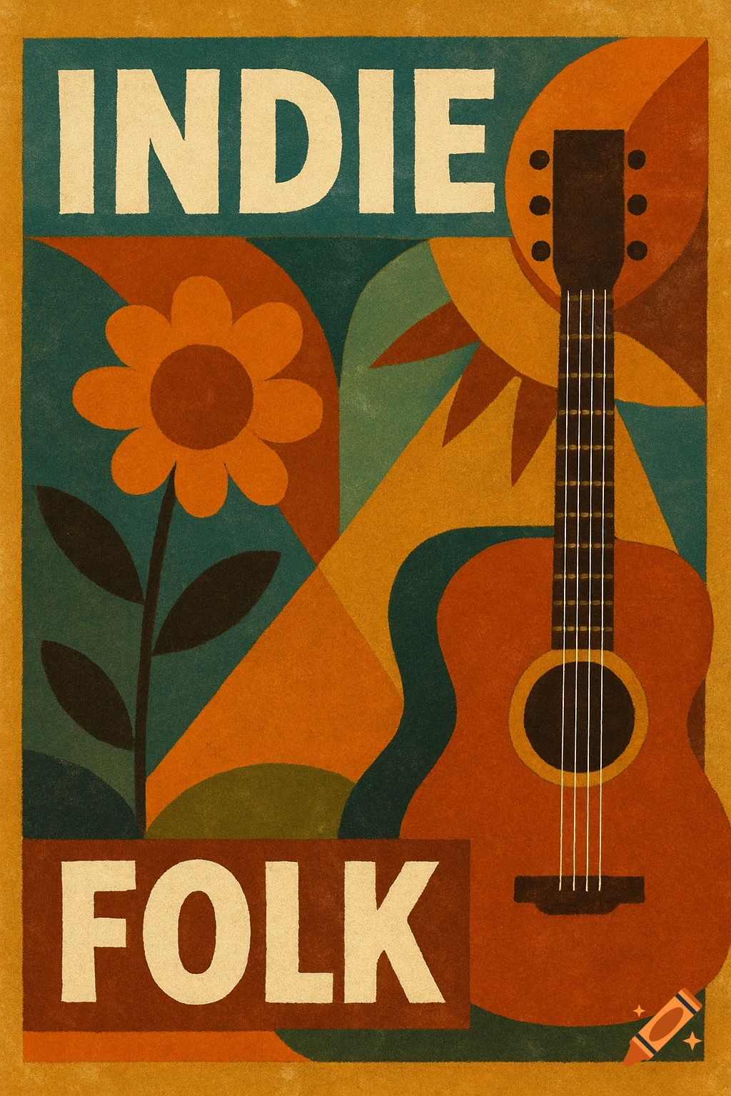 Mid-century modern style poster with 'INDIE FOLK' text, a guitar ...