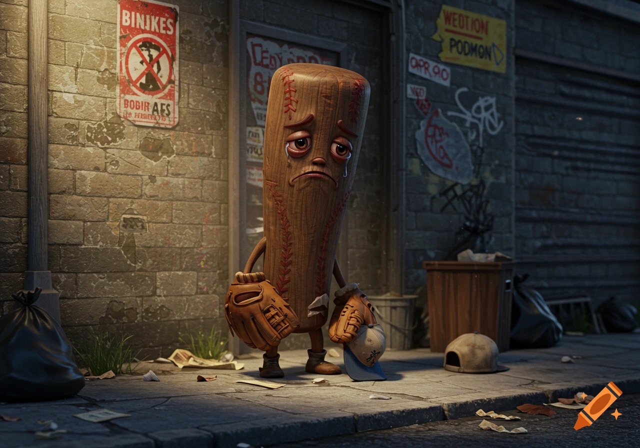 A sad anthropomorphic baseball bat character holding baseball gloves ...