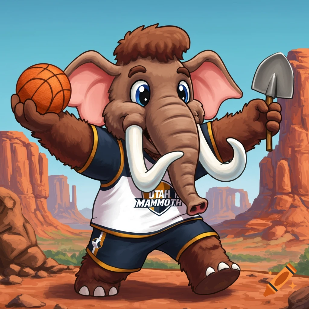 A cartoon mammoth mascot holding a basketball and a shovel in a desert ...