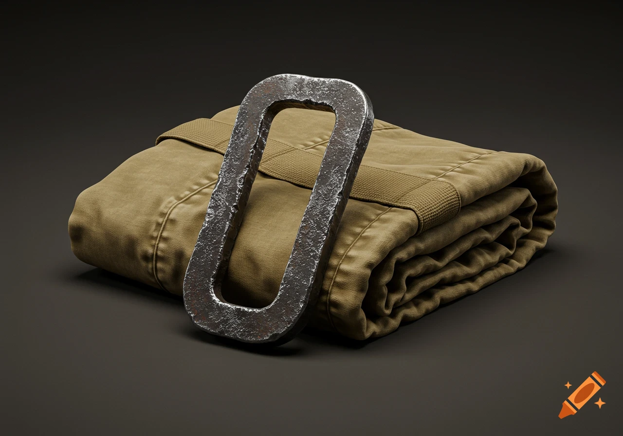 Rough forged metal object resting on folded khaki fabric. on Craiyon