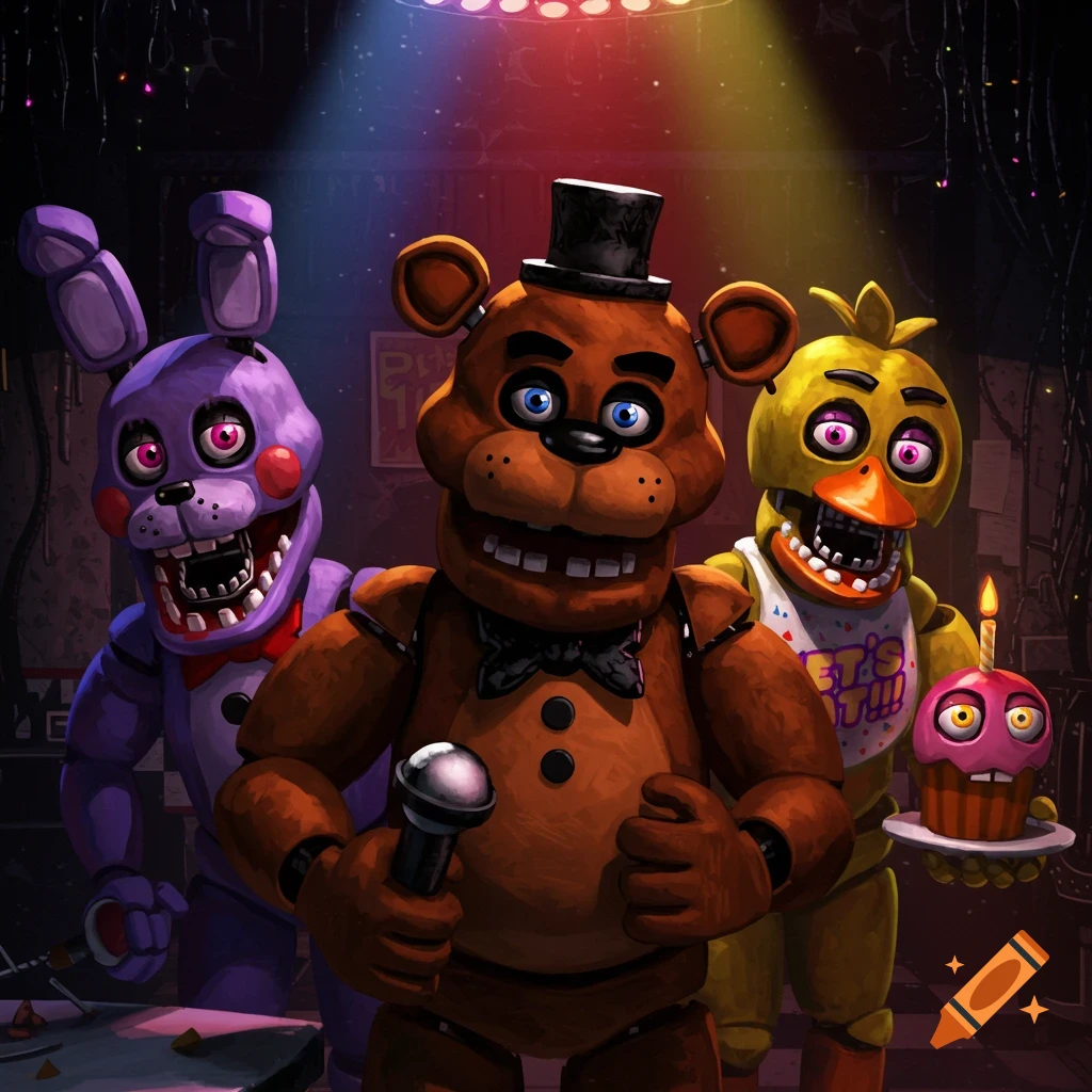 FNAF characters Freddy, Bonnie, and Chica stand on a stage. on Craiyon