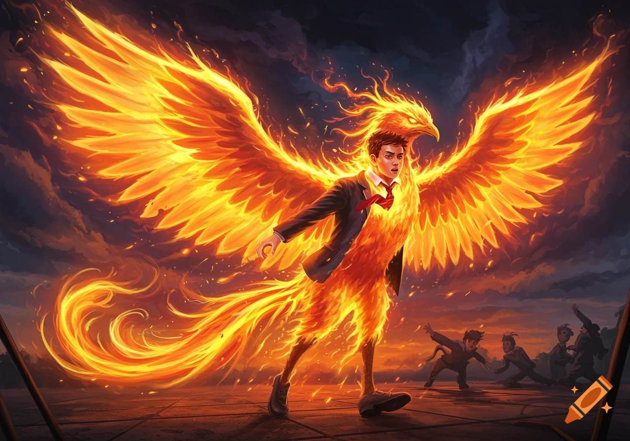 A boy transforms into a majestic phoenix with fiery wings, standing on ...