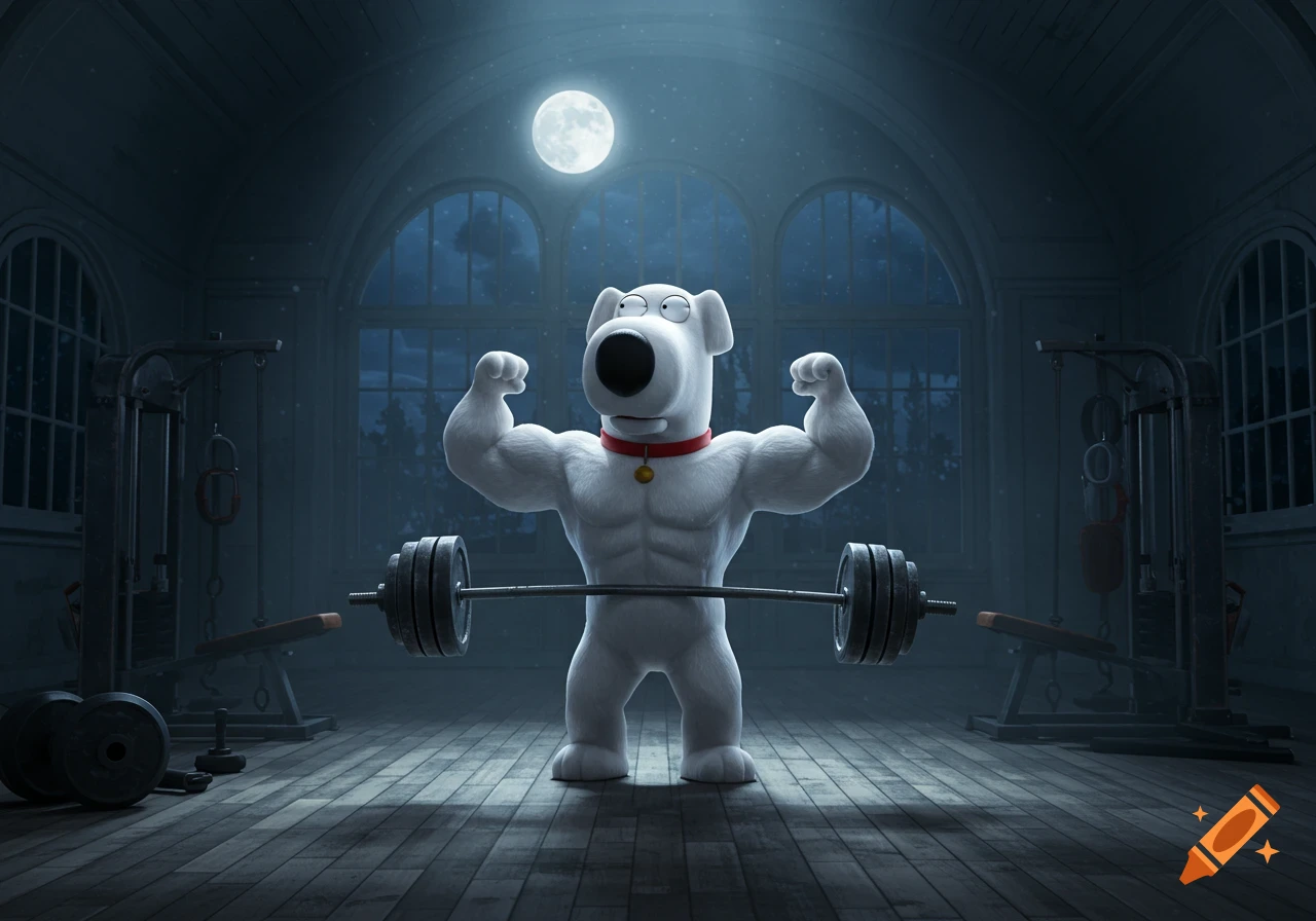 Cartoon dog Brian from Family Guy flexing in a moonlit gym with ...