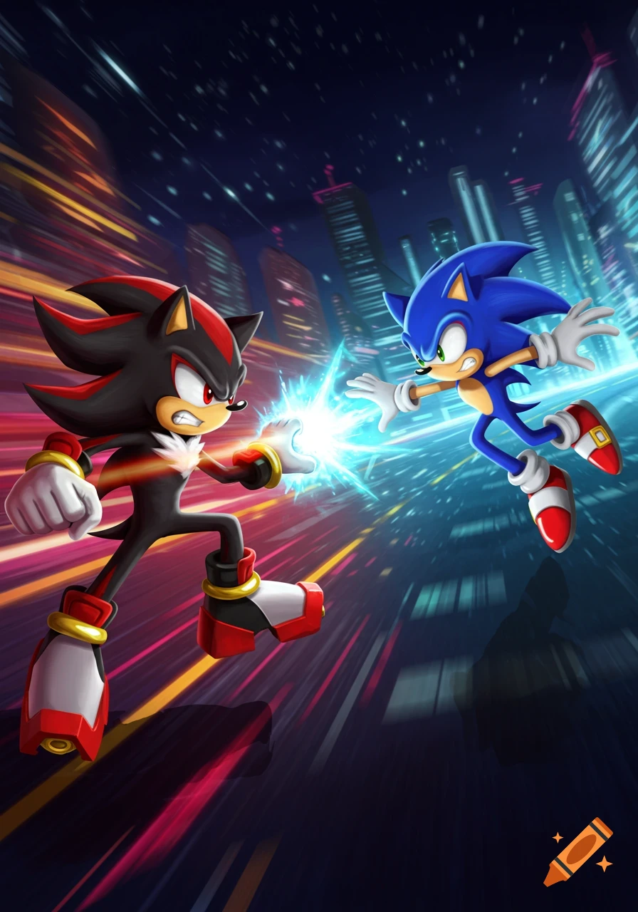 Shadow and Sonic fight in a dynamic illustration over a futuristic city ...