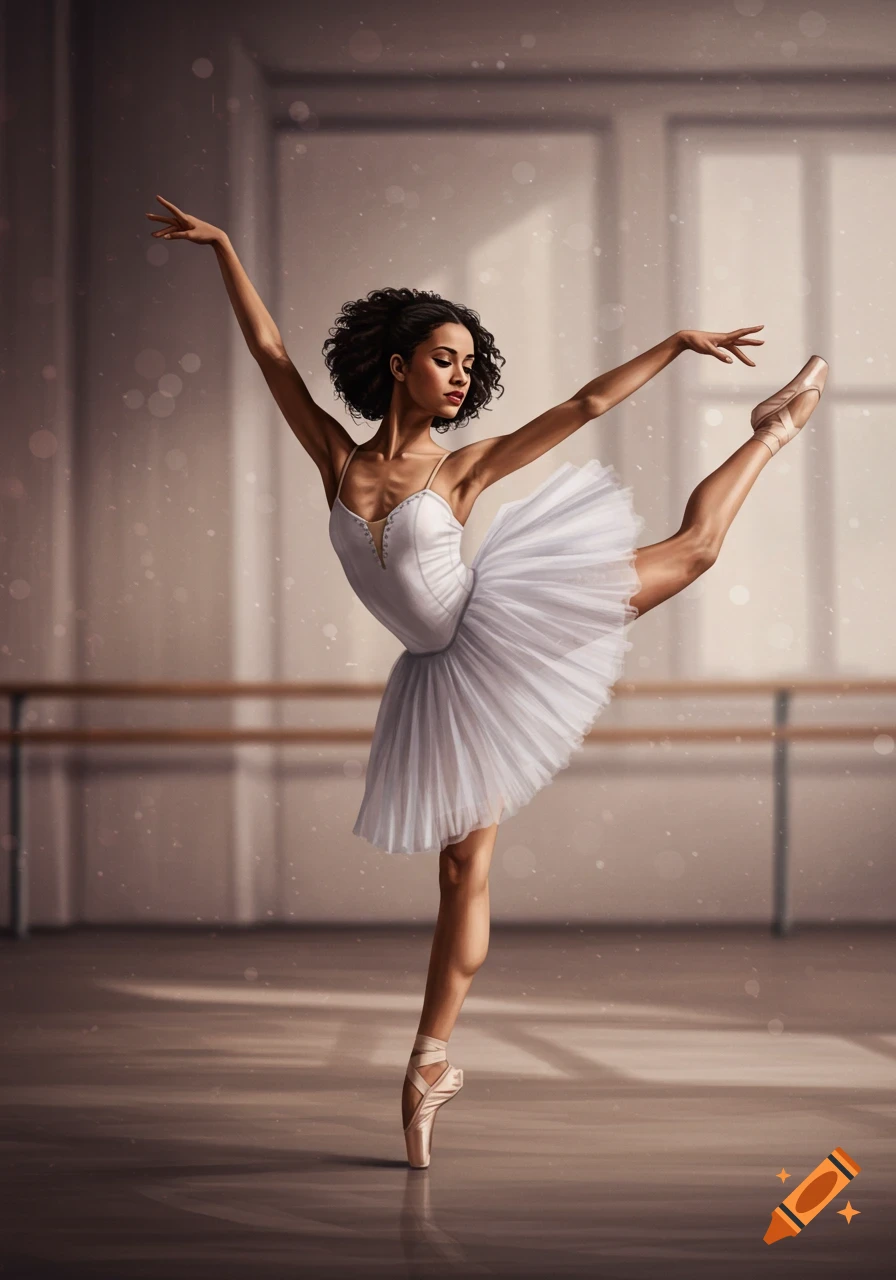A ballet dancer in a white tutu poses en pointe in a studio. on Craiyon