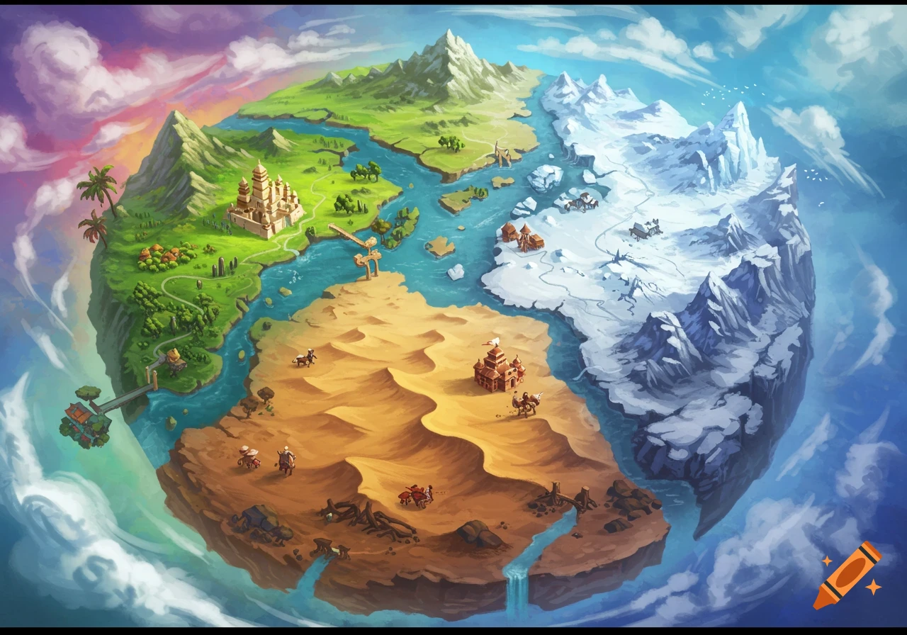 A stylized fantasy world map depicting distinct grassland, desert, and ...