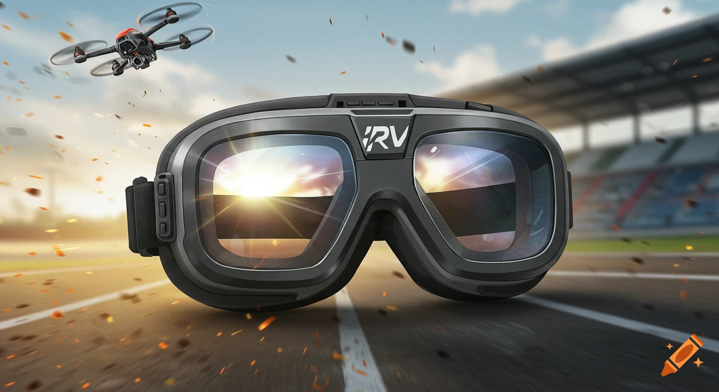 A close-up view of black FPV goggles reflecting a racing track scene ...